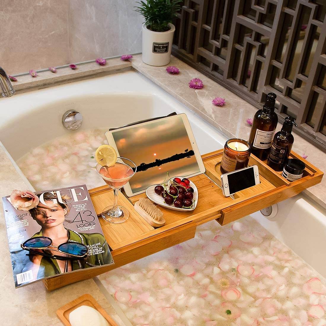 Luxury Spa Bamboo Bath Tray Organizer Homebnc